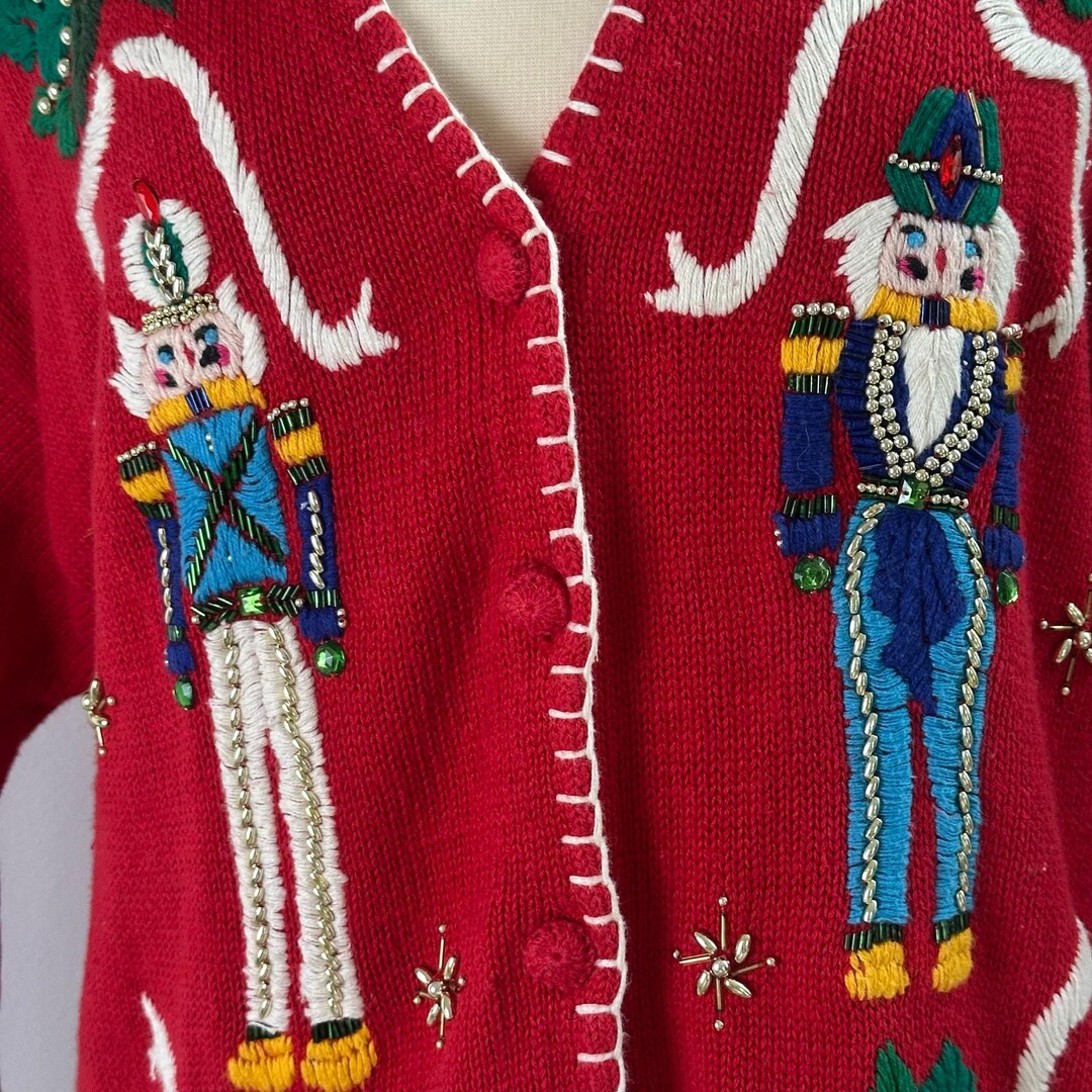 Vintage Christmas Nutcracker Cardigan Sweater, Red Embroidered Holiday Knit /L - Etsy