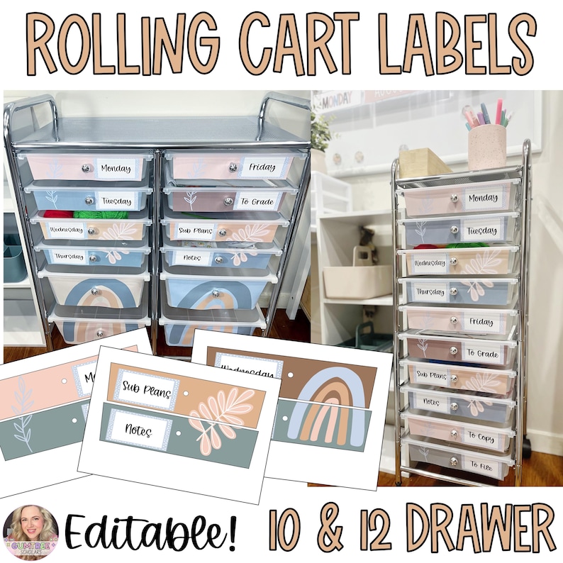 10 & 12 Drawer Rolling Cart Labels - Boho Rainbow | Editable - Etsy