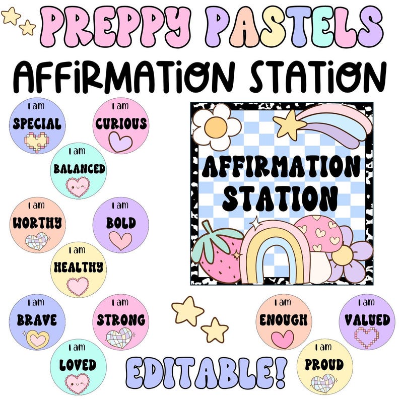 Affirmation Station | 'preppy Pastels' - Editable Classroom Decor - Etsy