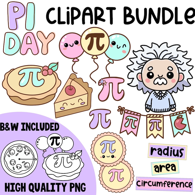 Pi Day Clipart - Math Clipart Color and B&W PNG | Pastel Kawaii - Etsy