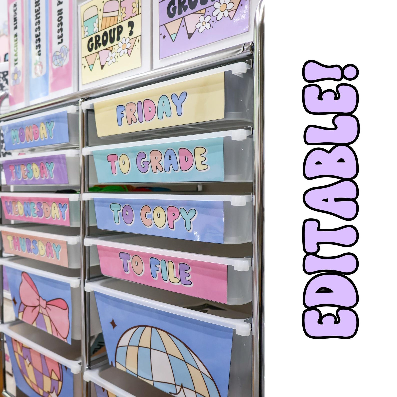 Preppy Pastels - 10 & 12 Drawer Rolling Cart Labels | Editable - Etsy
