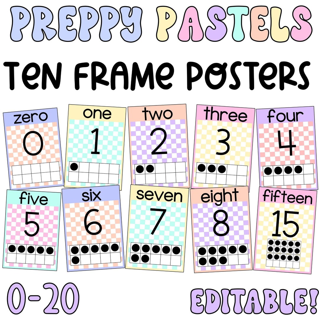 Preppy Pastels - Ten Frame Number Math Posters | Editable - Etsy