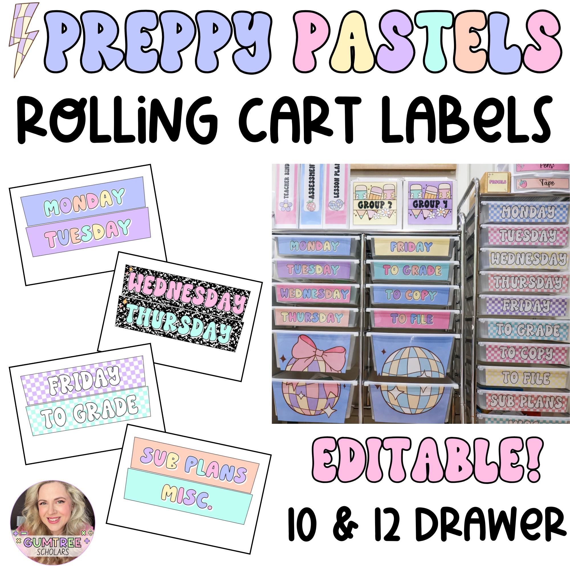 Preppy Pastels - 10 & 12 Drawer Rolling Cart Labels | Editable - Etsy