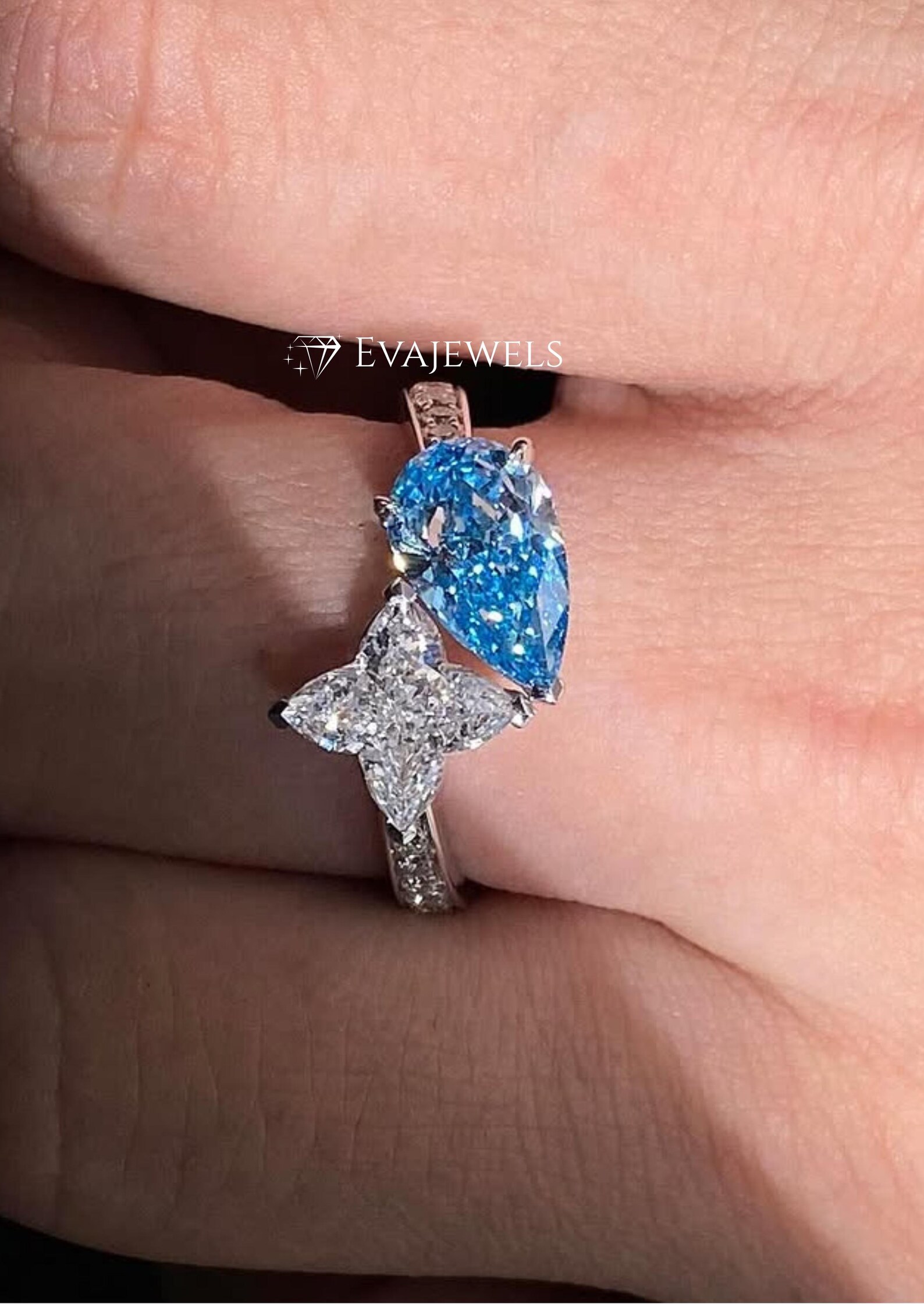 London Blue Topaz Pear & Unique Star Cut Moissanite Toi Et Moi 14k ...
