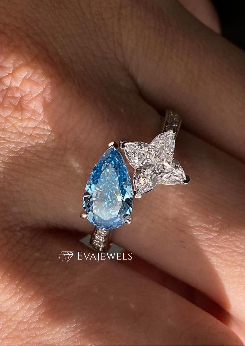 London Blue Topaz Pear & Unique Star Cut Moissanite Toi Et Moi 14k ...