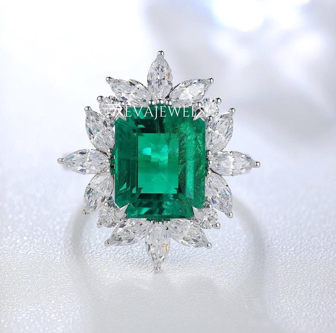 Green Cluster Emerald Cut Engagement Ring With Marquise Cut Moissanite ...