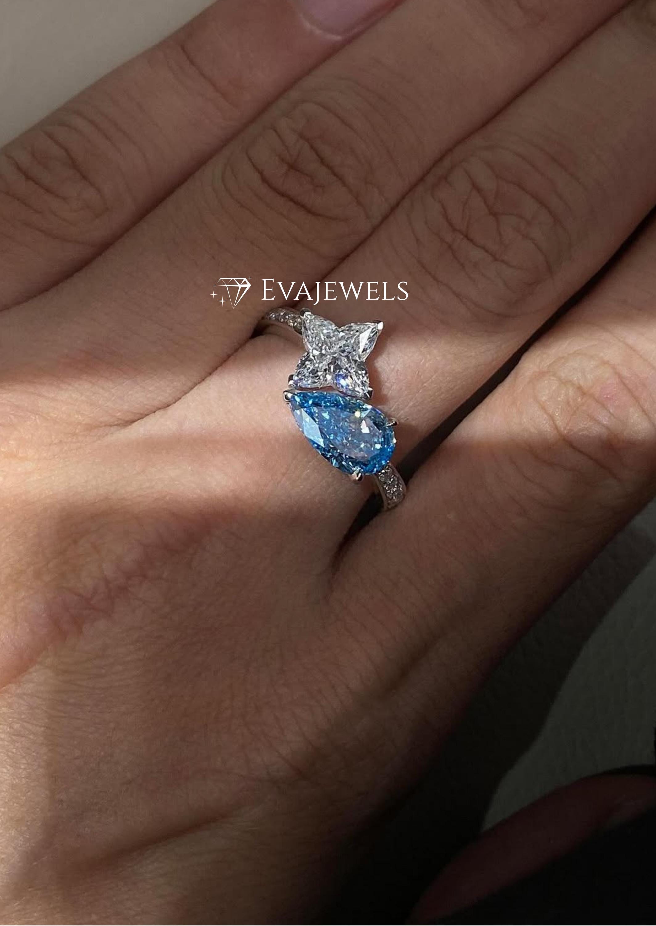 London Blue Topaz Pear & Unique Star Cut Moissanite Toi Et Moi 14k ...