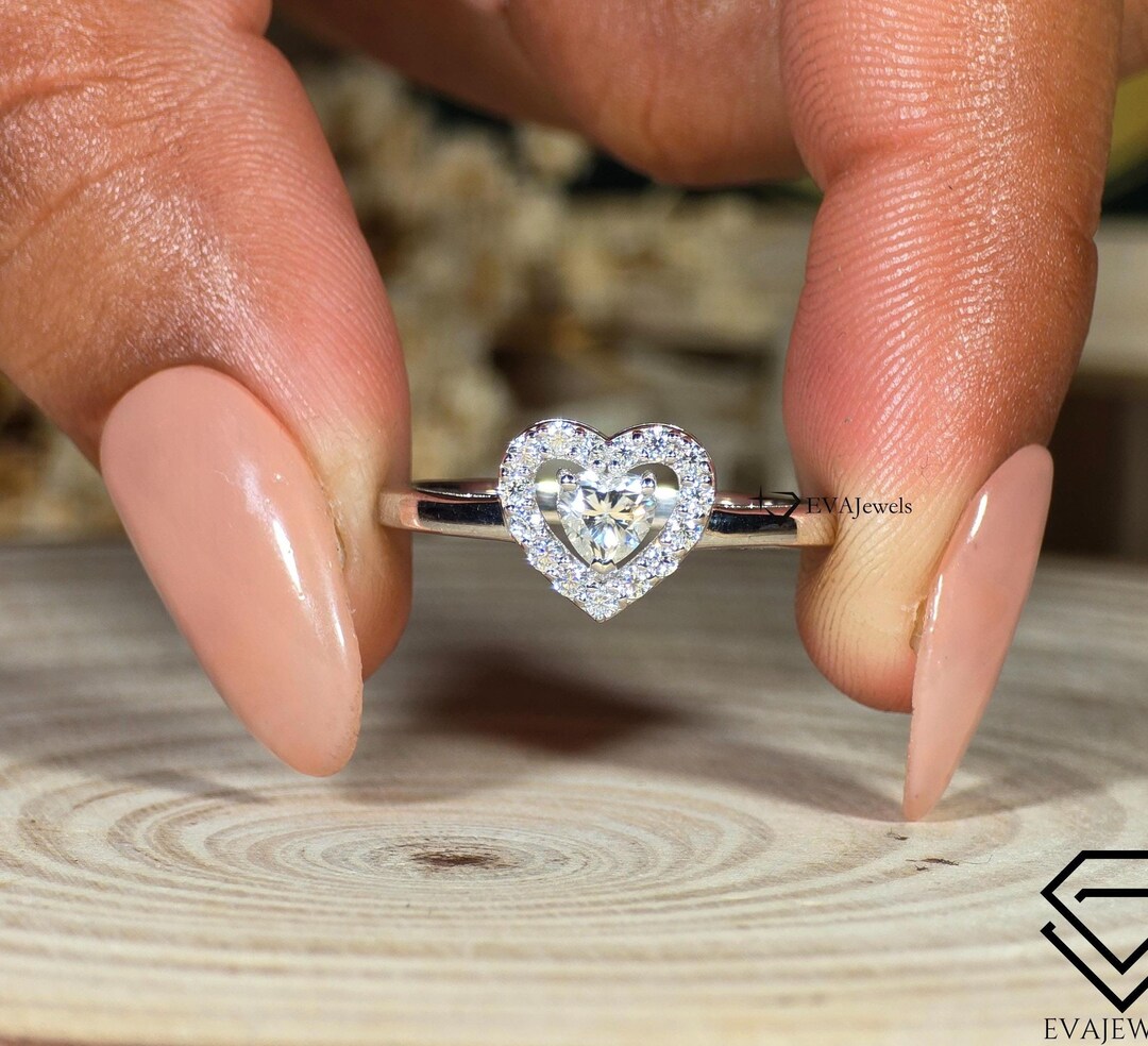 0.25 0.75CT Lab Grown Heart Shaped Halo Engagement Ring, Heart Cut Lab ...
