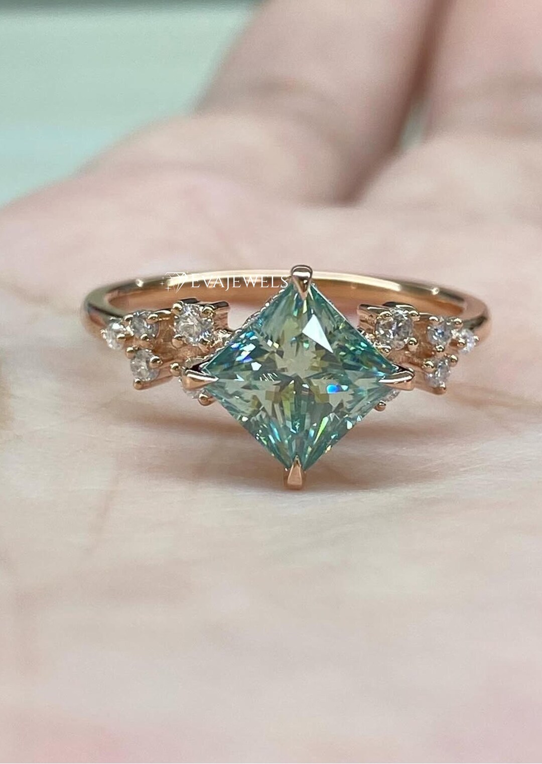Gorgeous Cyan Blue Princess Cut Moissanite Cluster Engagement Ring, 14K ...