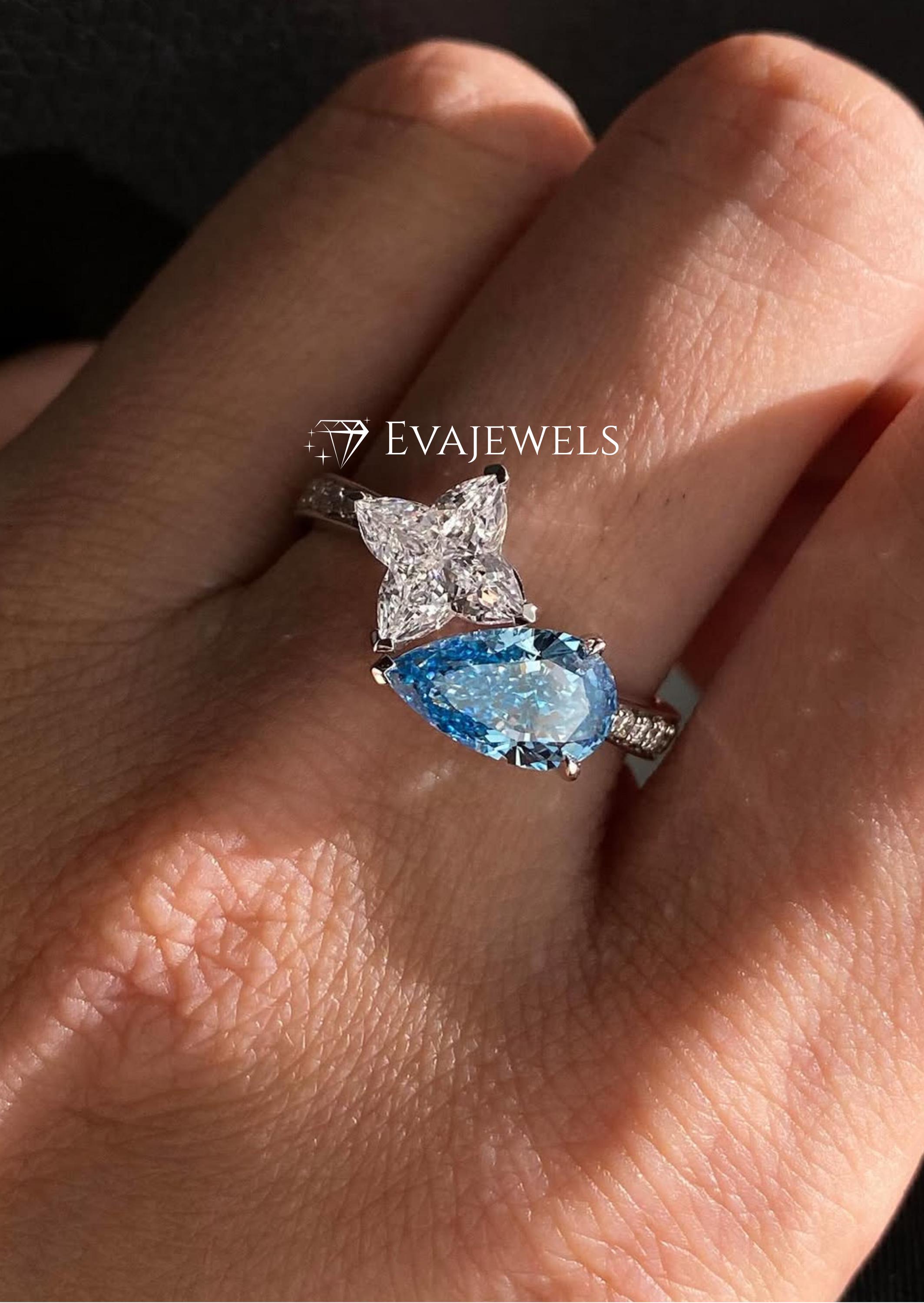 London Blue Topaz Pear & Unique Star Cut Moissanite Toi Et Moi 14k ...