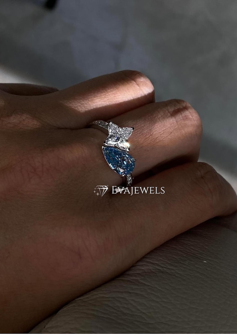London Blue Topaz Pear & Unique Star Cut Moissanite Toi Et Moi 14k ...