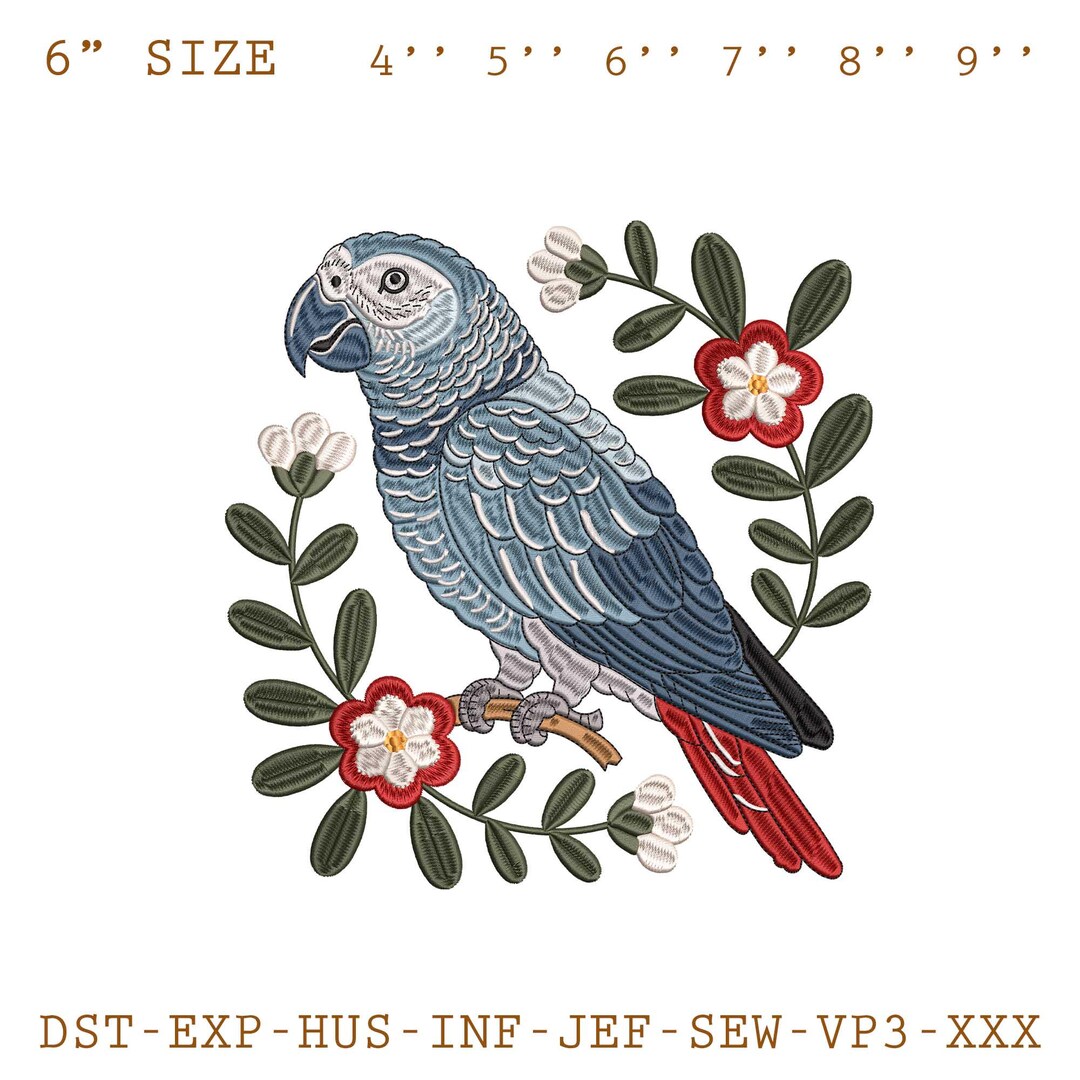 Floral Parrot Embroidery Design: African Grey Bird (digital Download ...