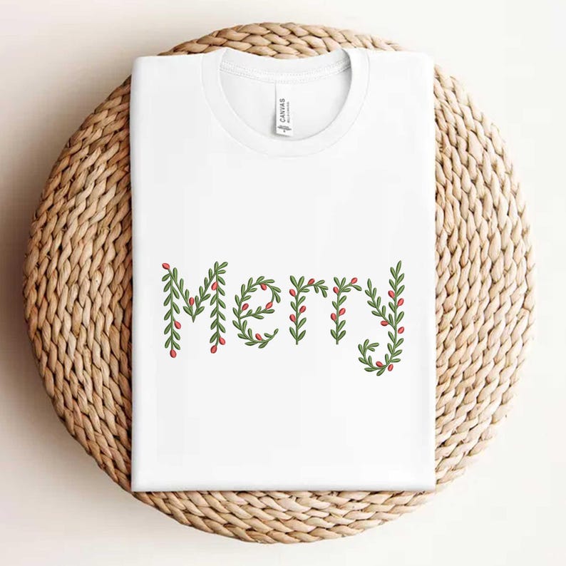 Merry Word Embroidery Design, Christmas Leaf Letter Pattern, Elegant ...