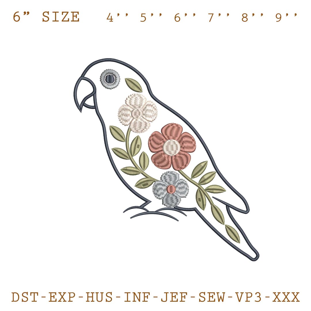 Floral Parrot Embroidery Design: Bird Flower Embroidery File (digital ...