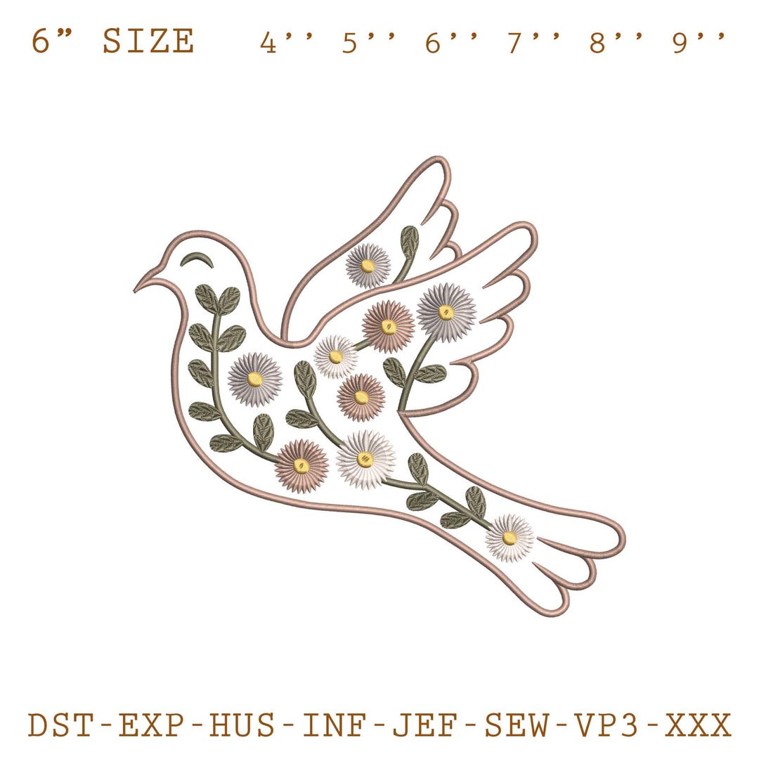 Floral Dove Machine Embroidery Design: Peace Bird File (instant ...