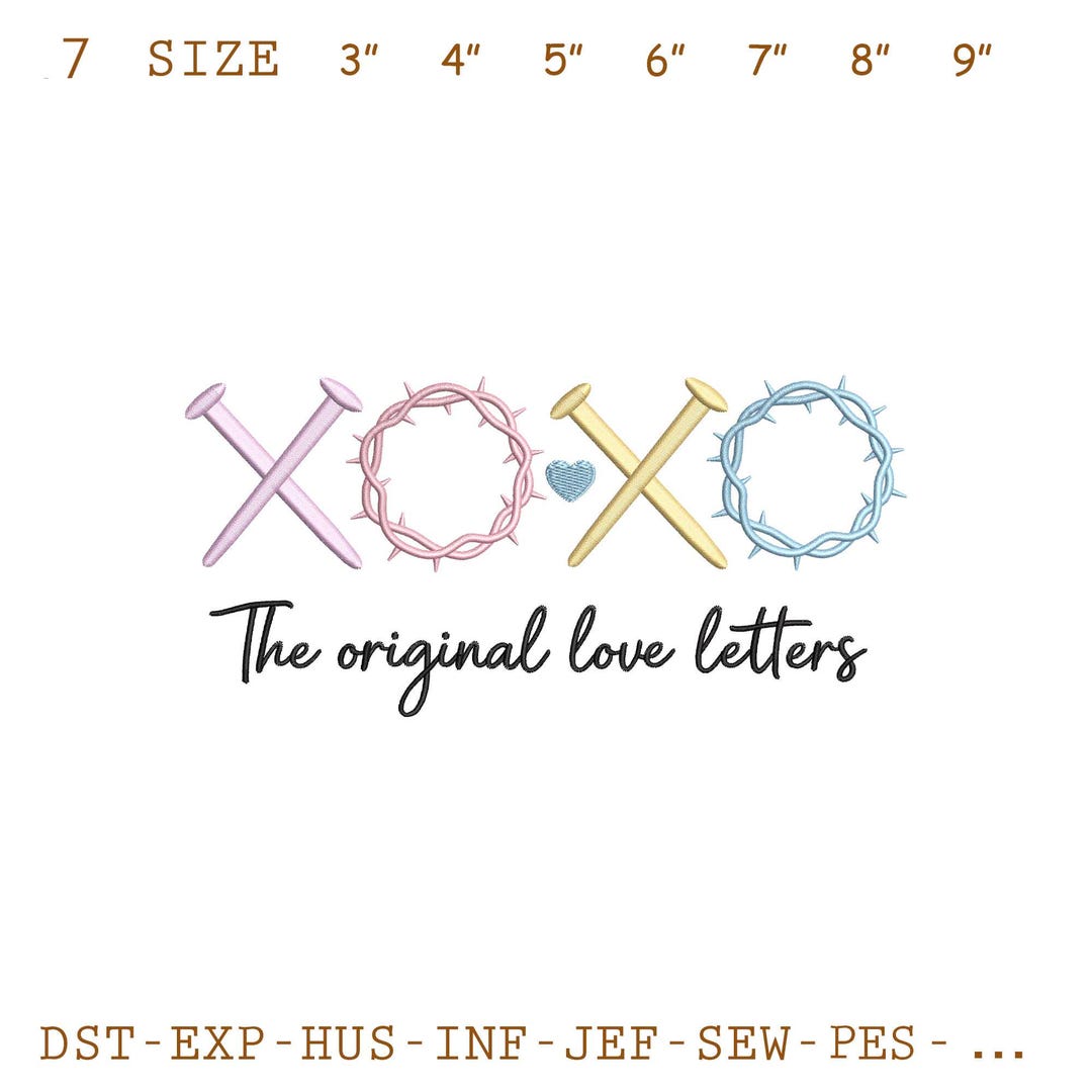XOXO Embroidery Design, Symbolic Love Letters With Crown and Nail Style ...