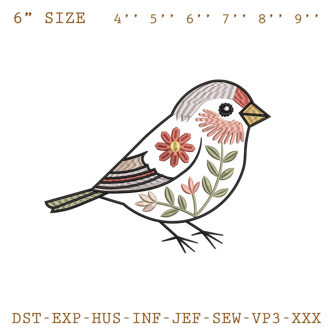Floral Sparrow Embroidery Design: Bird Flower Pattern (digital Download ...