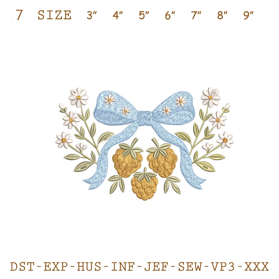 Raspberry & Blue Bow Embroidery Design: Cottagecore Floral Stitch ...