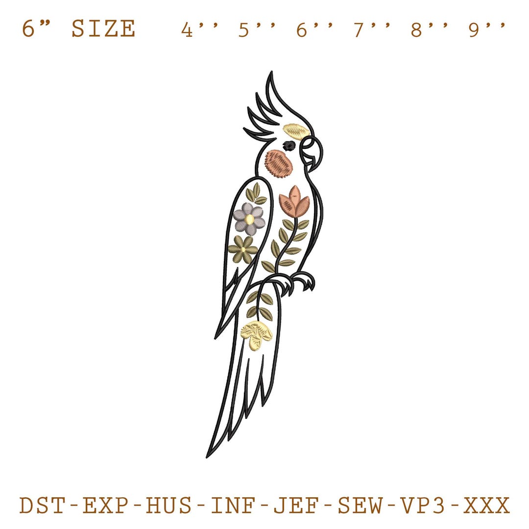 Floral Cockatiel Embroidery Design: Tropical Bird Pattern (digital ...