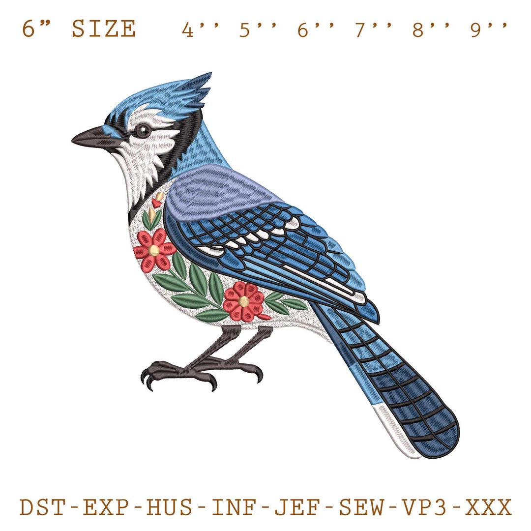 Floral Blue Jay Embroidery Design, Flower Blue Jay Embroidery File ...