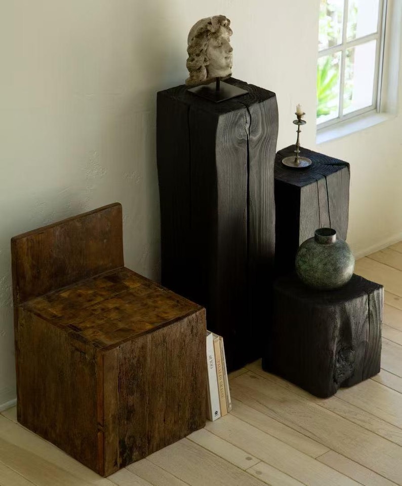 Charcoaled Black Wooden Block Pedestal - Modern Accent Decor Wood ...