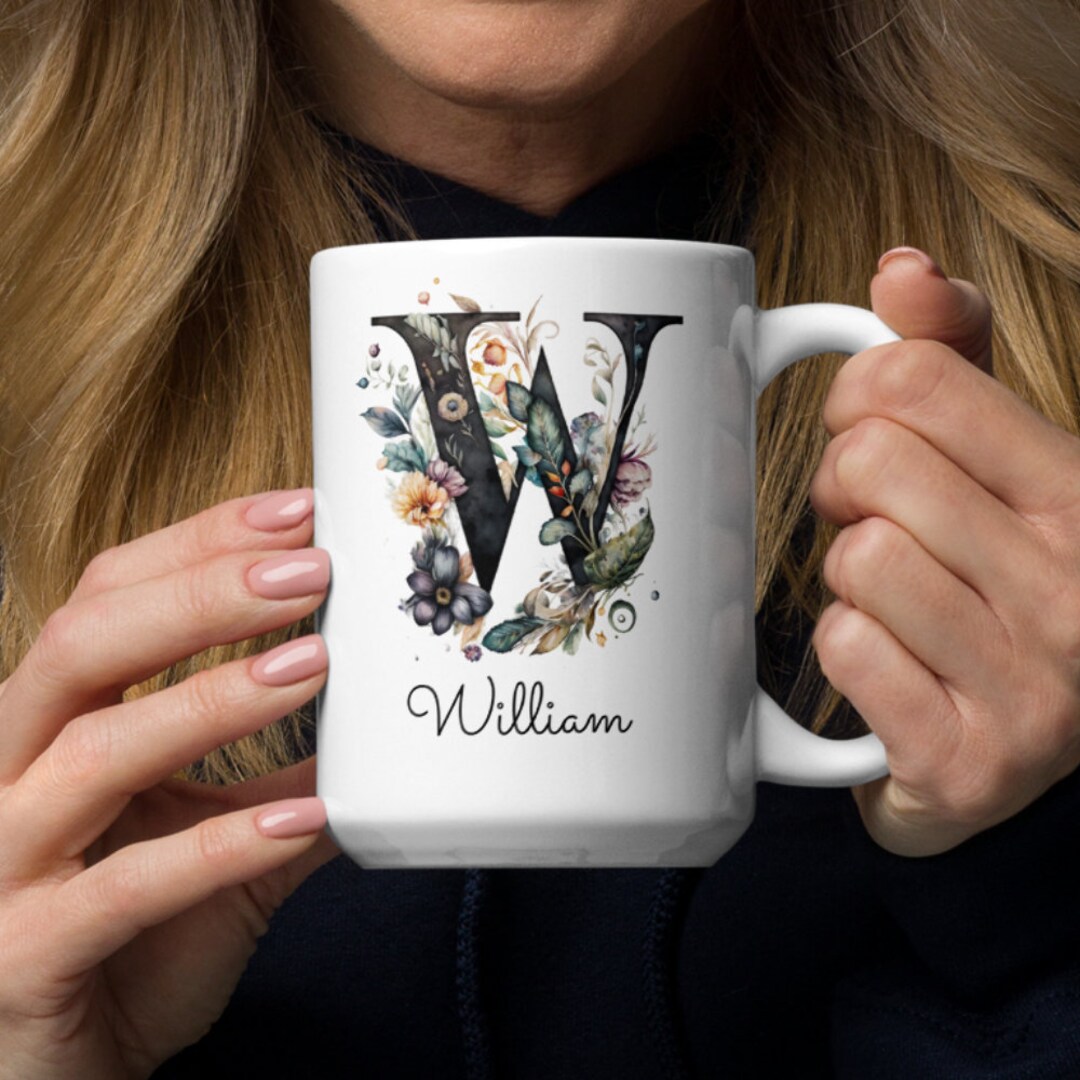Letter W Mug With Name Personalized Floral Monogram Mug Custom Name ...