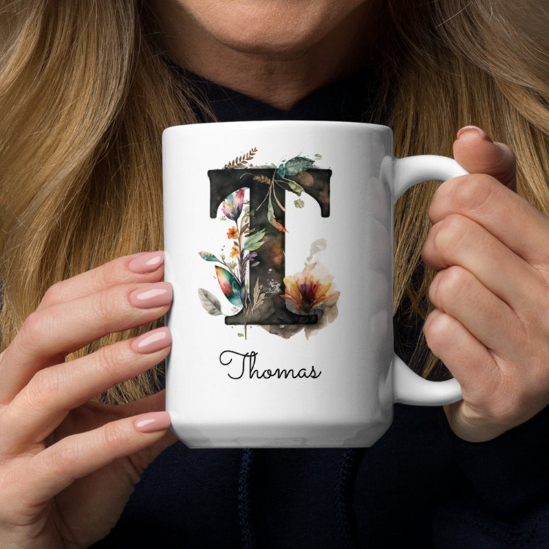 Letter T Mug With Name Personalized Floral Monogram Mug Custom Name ...