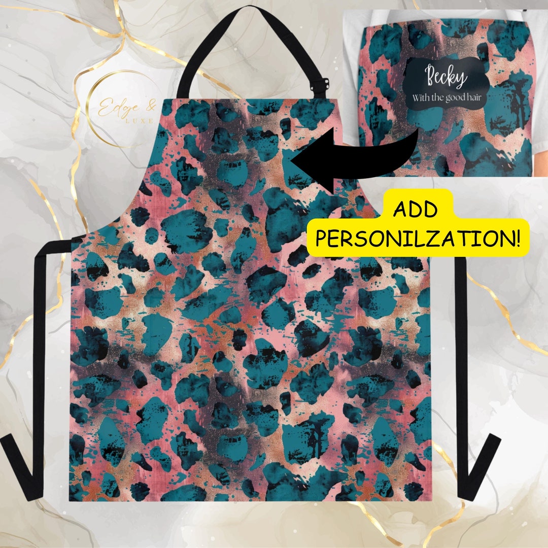 Teal Leopard Print Apron, Personalized Apron With Pockets, Custom Hair ...