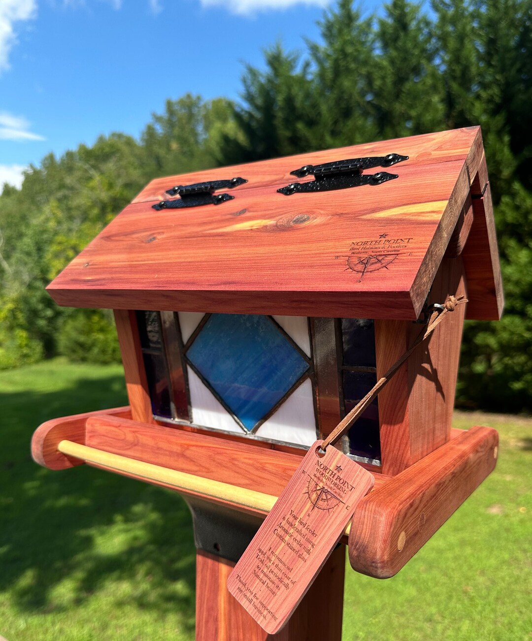 Handmade Aromatic Red Cedar Post Mount Bird Feeder, With Stained Glass ...