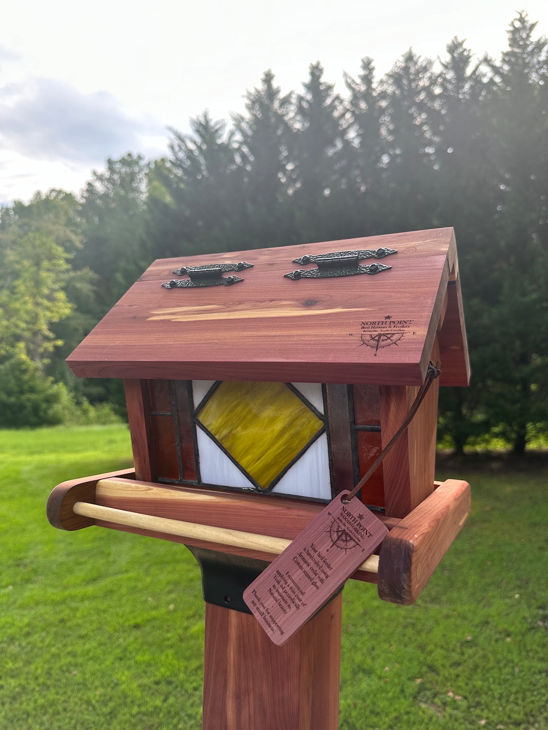 Handmade Aromatic Red Cedar Post Mount Bird Feeder, With Stained Glass ...