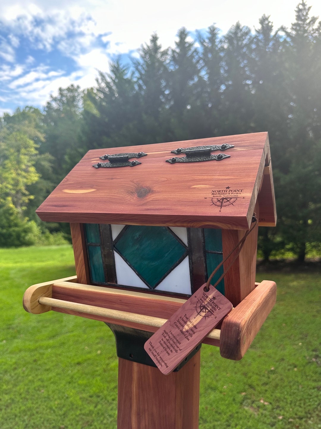 Handmade Aromatic Red Cedar Post Mount Bird Feeder, With Stained Glass ...