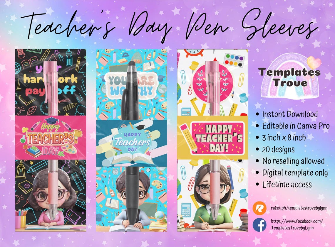 Editable Pen Sleeves Teacher's Day Colorful Personalized Teacher - Etsy