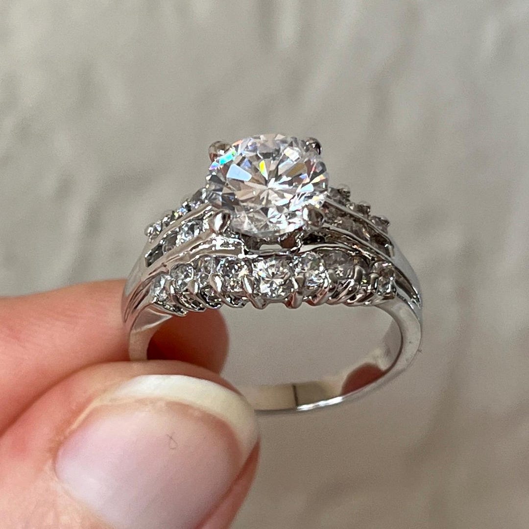 Fake Wedding Ring for Travel - Silver Tone CZ Cubic Zirconia Round Cut ...