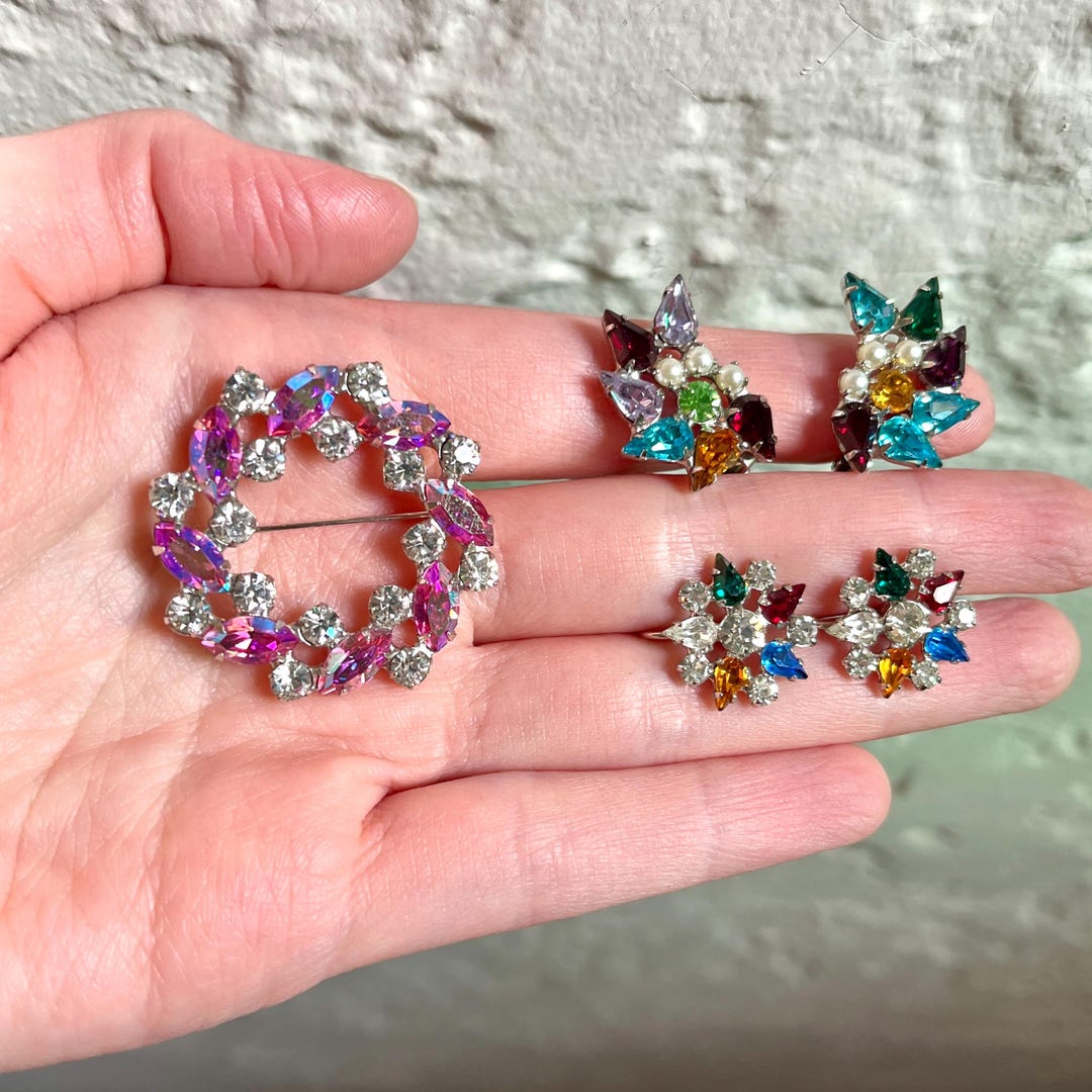 Vintage B. David Rhinestone Pink Brooch and Earrings - Etsy