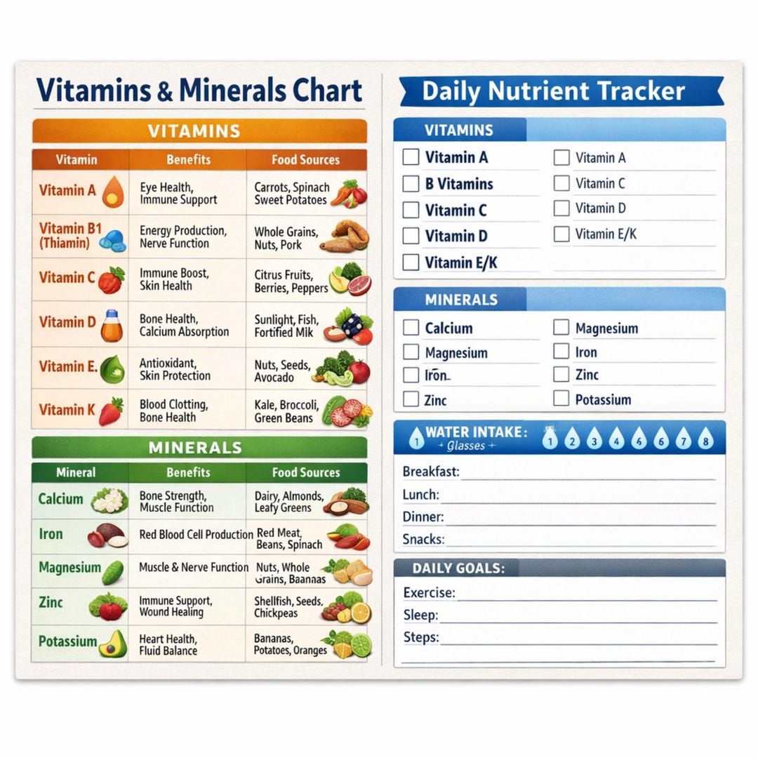 Vitamins & Minerals Chart Printable | Nutrition Reference Poster ...