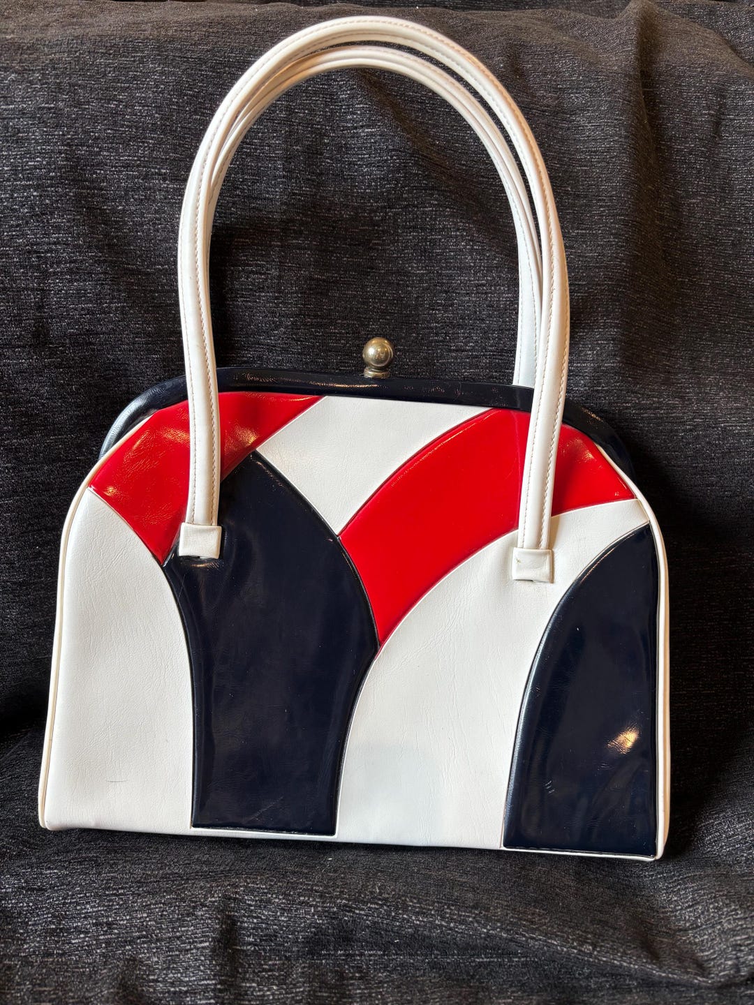 Vintage Top Handle Red, White, Blue Purse With Brass Clasp - Etsy