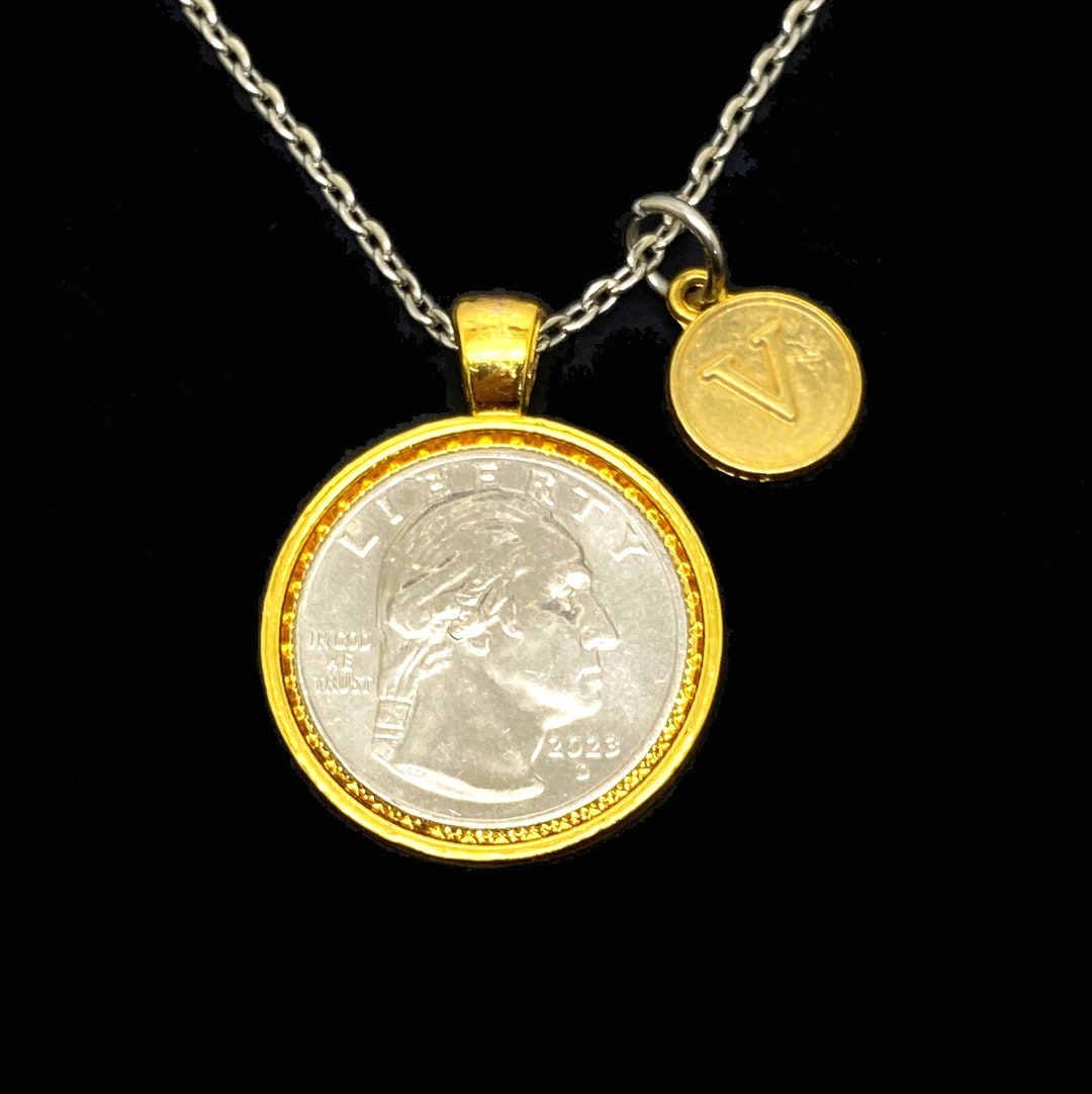 Quarter Coin Necklace With Initial Letter and Gold Colored Bezel Made ...