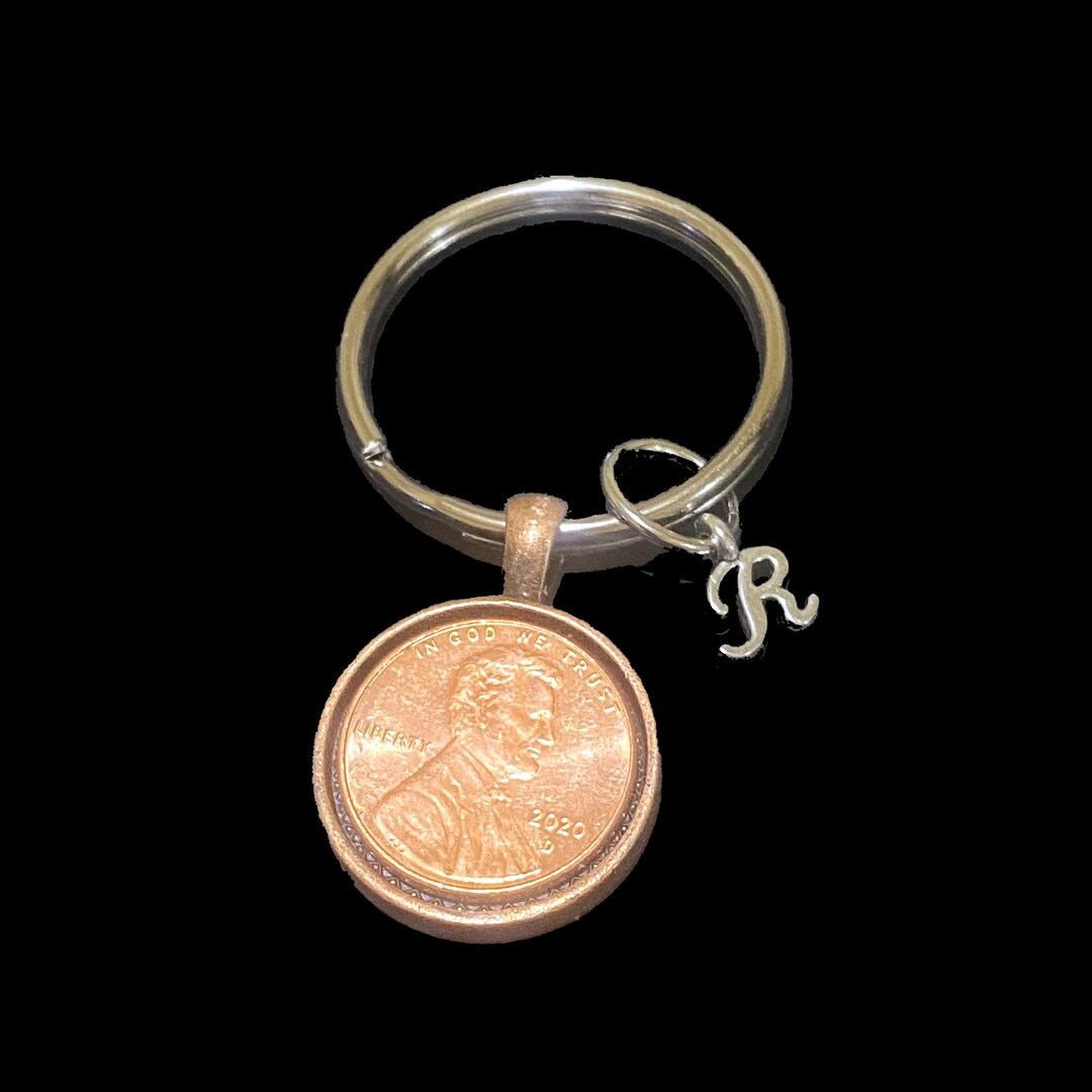 Personalized Penny Cent Keyring With Silver Colored Initial Set in Aged ...