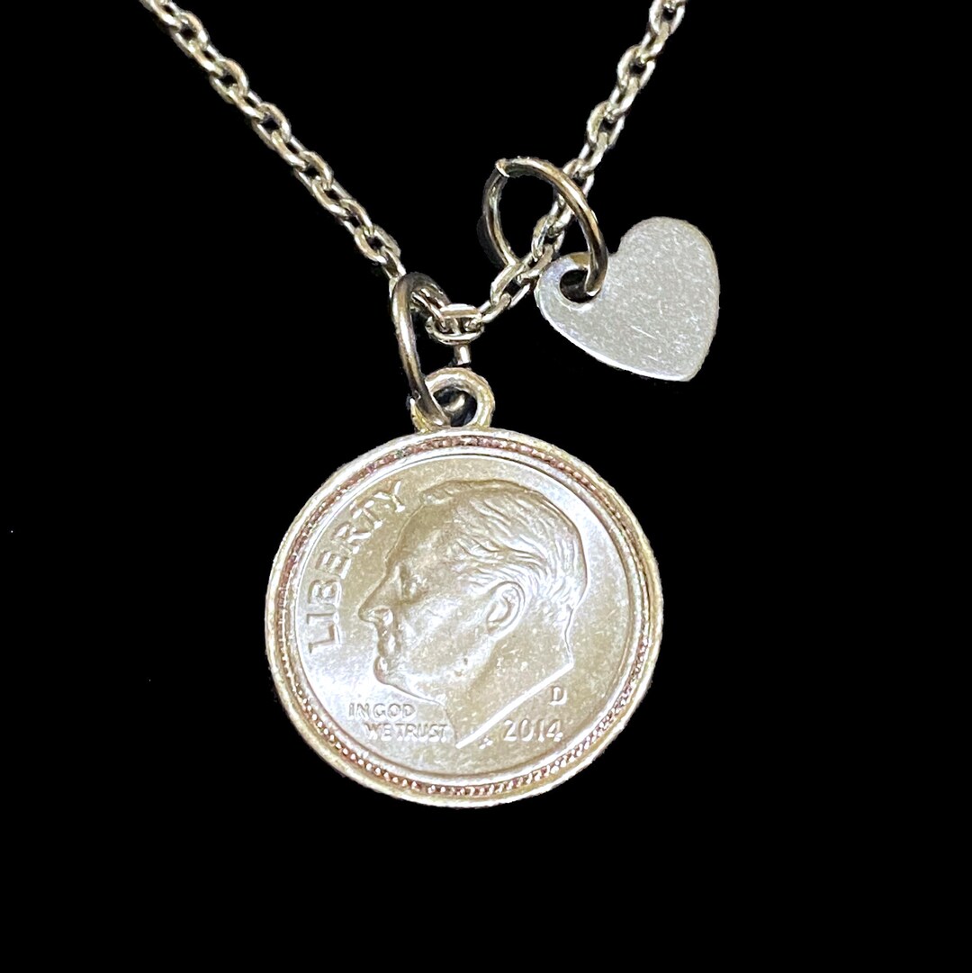 Dime Coin Necklace With Silver Toned Bezel and Small Heart Charm Choose ...
