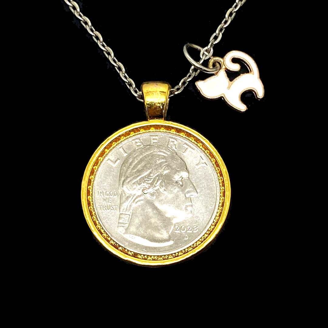 Quarter Coin Necklace With Cat Charm and Gold Colored Bezel Made From ...