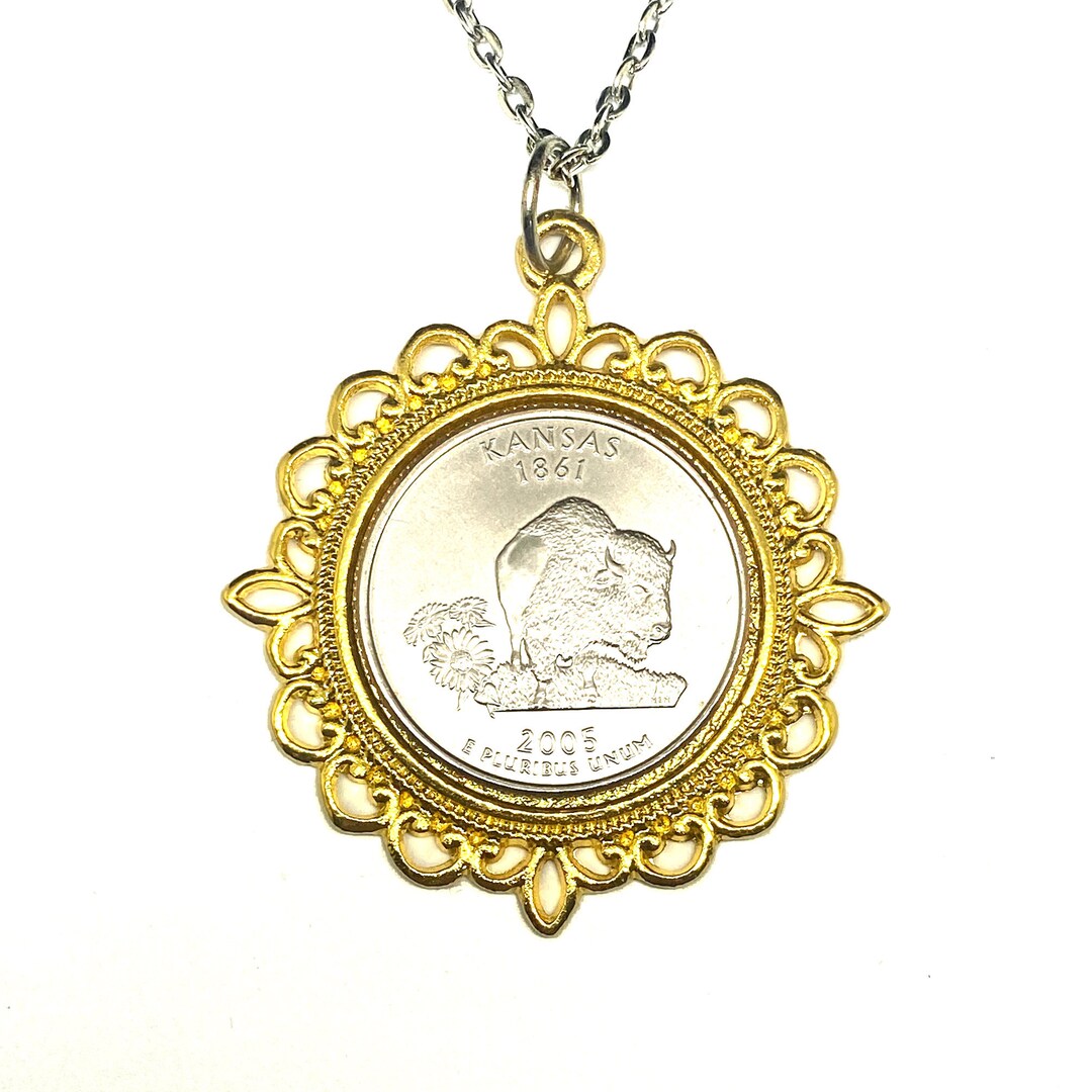 US States Coin Necklace Set in Gold Toned Cameo Style Bezel Choose ...