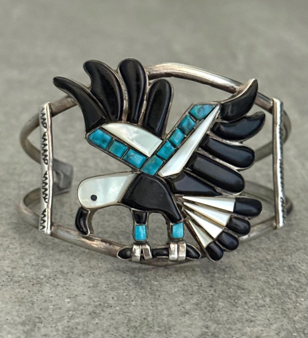 Zuni Flying Eagle Muti Stone Inlay Sterling Silver Bracelet - Gilbert ...