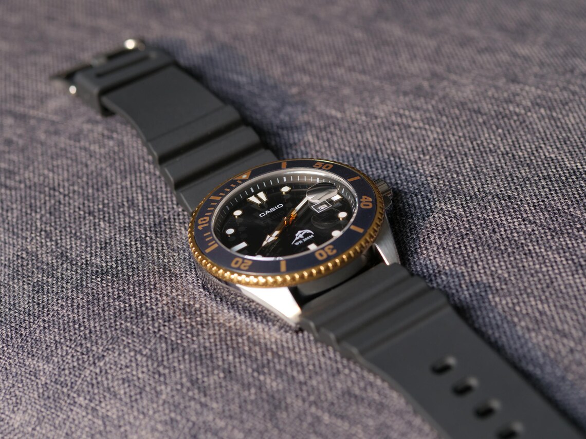 Modified New Casio Duro MDV106 Black/gold Countdown Bezel W/ Cyclops ...