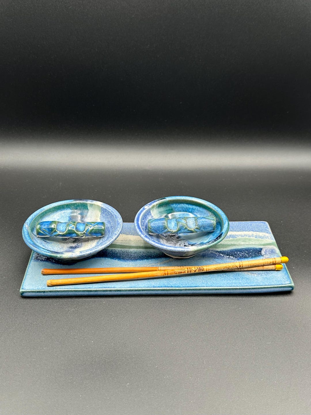 Handmade Ceramic Blue Sushi Serving Set of Seven Pieces - Artist Signed ...