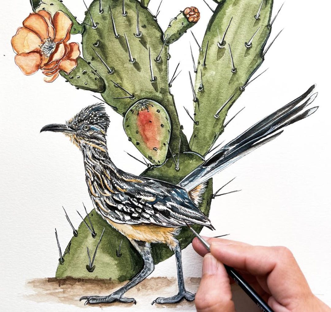 Roadrunner Fine Art Print: Prickly Pear Cactus Watercolor - Etsy