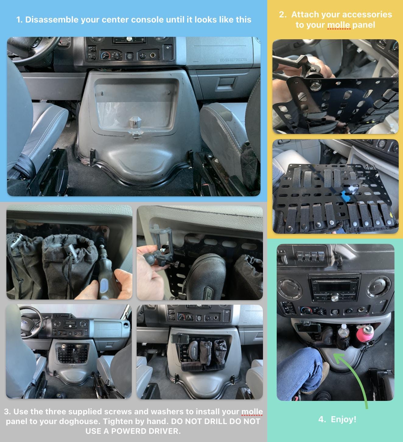 Tactical MOLLE PANEL Center Console FORD Econoline Van Cell Mount ...