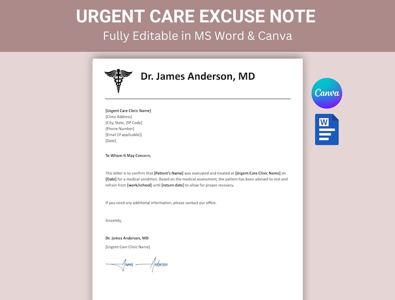 Urgent Care Excuse Note, Hospital Excuse Note for Work, Editable Return ...