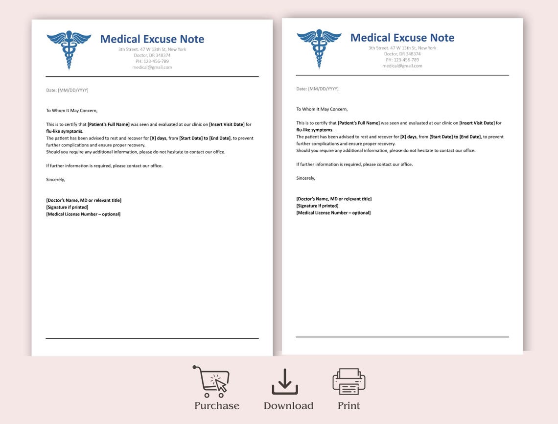 Medical Excuse Note Template for Work or School | Doctor Note for Sick ...
