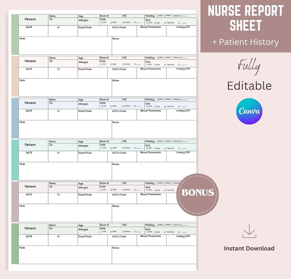 6 Patient Nurse Report Sheet Editable, Nursing ICU, Nurse Brain Sheet ...