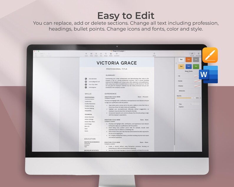 Professional and Modern Resume Template Word, Mac Pages, 1-3 Page ...